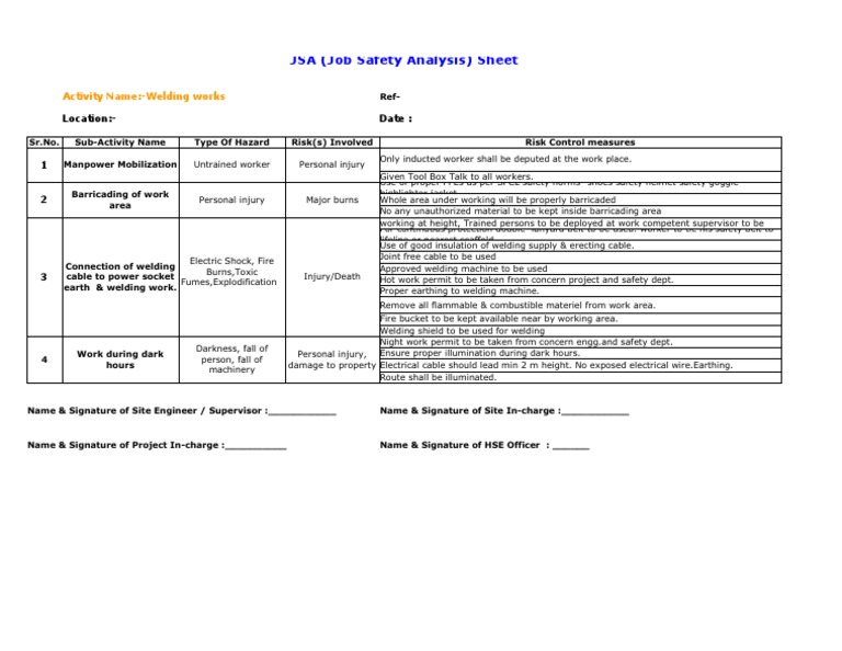 Welding Works JSA HSE Professionals | PDF | Welding | Construction