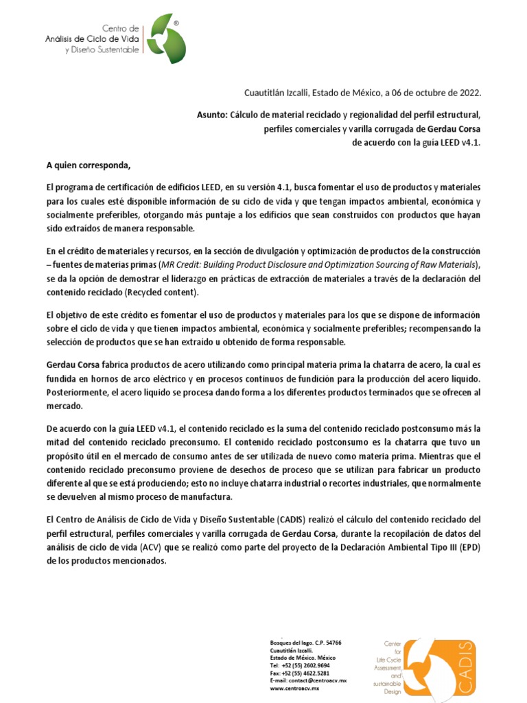 Carta Contenido Reciclado y Reg LEED V6 | PDF | Evaluación del ciclo de ...