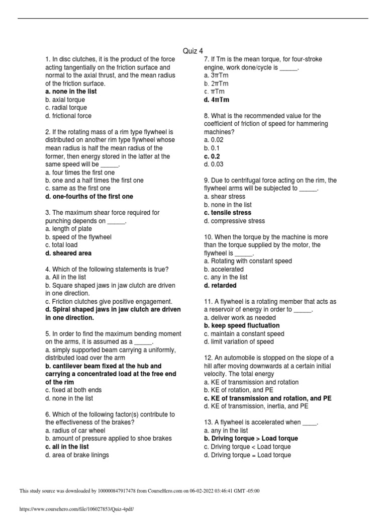Quiz 4-1 | PDF | Clutch | Torque