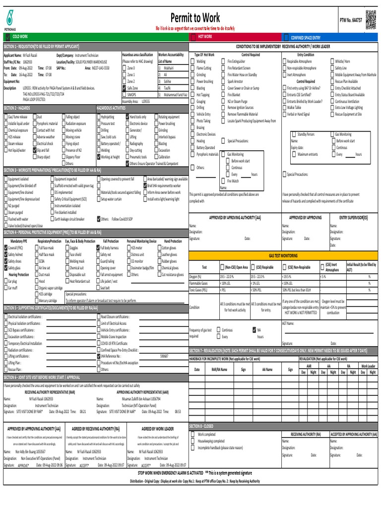 PTW Sample | Descargar gratis PDF | Personal Protective Equipment | Safety
