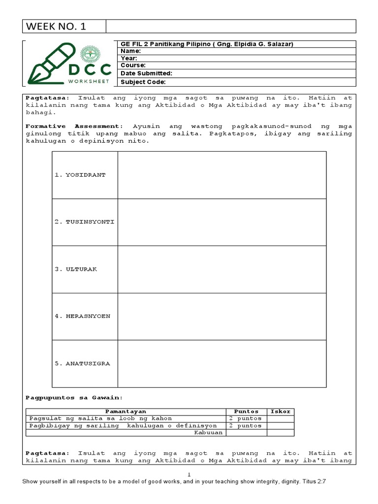 Worksheet Week 1 | PDF