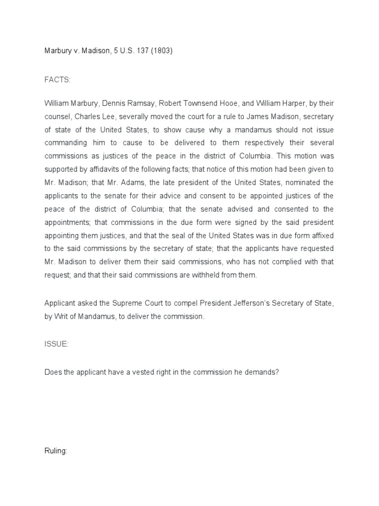Marbury v. Madison 5 U.S. 137 1803 | PDF