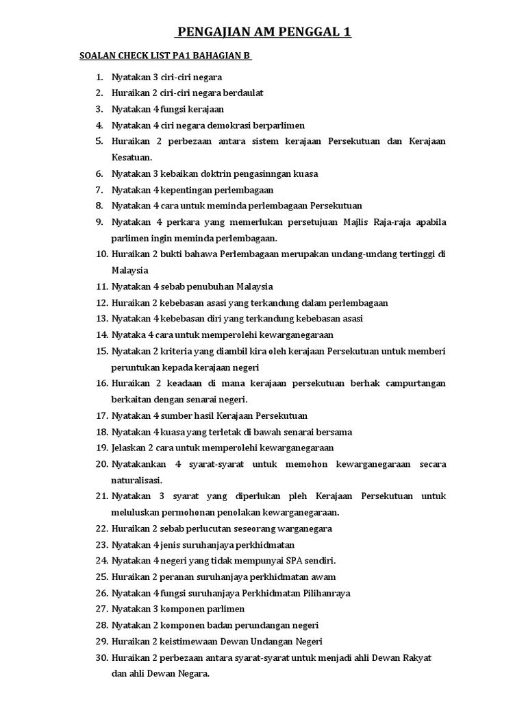 Soalan Check List Pa1 Bahagian B | PDF