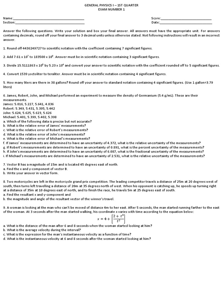 General Physics I Exam 1 Questions | PDF | Significant Figures ...