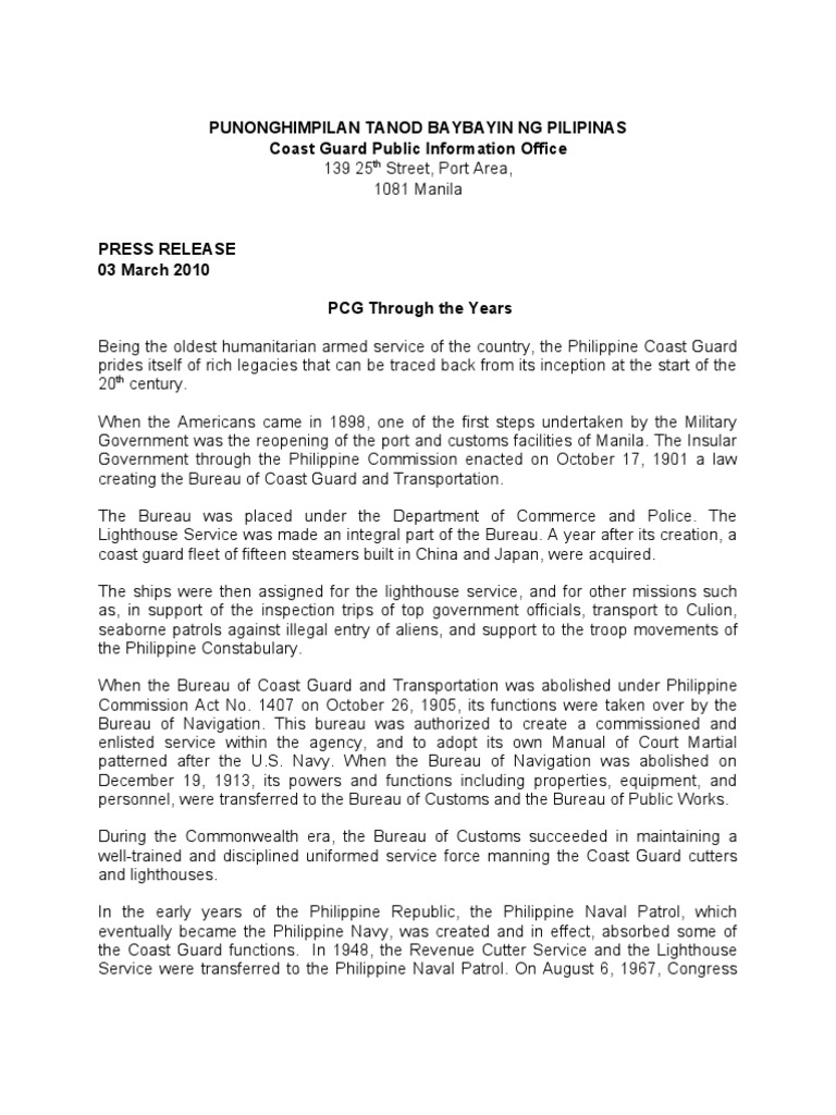 PCG LAW of 2009-Press Release | PDF | Government | Transport
