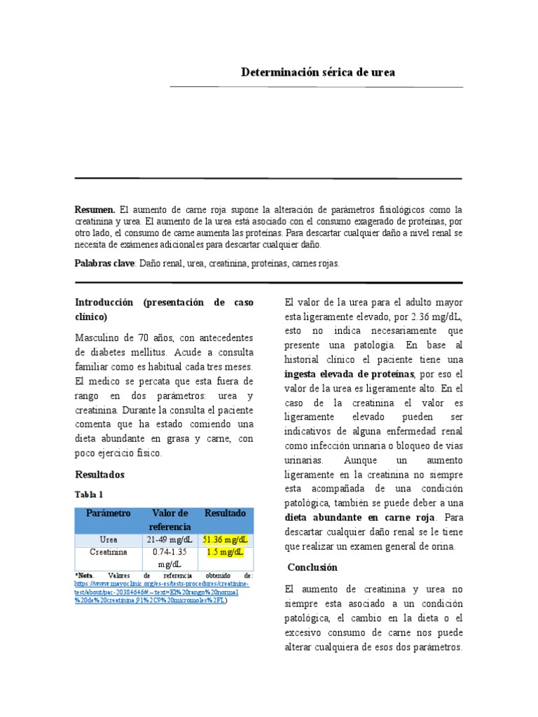 Práctica No. 11 Determinación Sérica de Urea. | PDF | Creatinina | Dieta