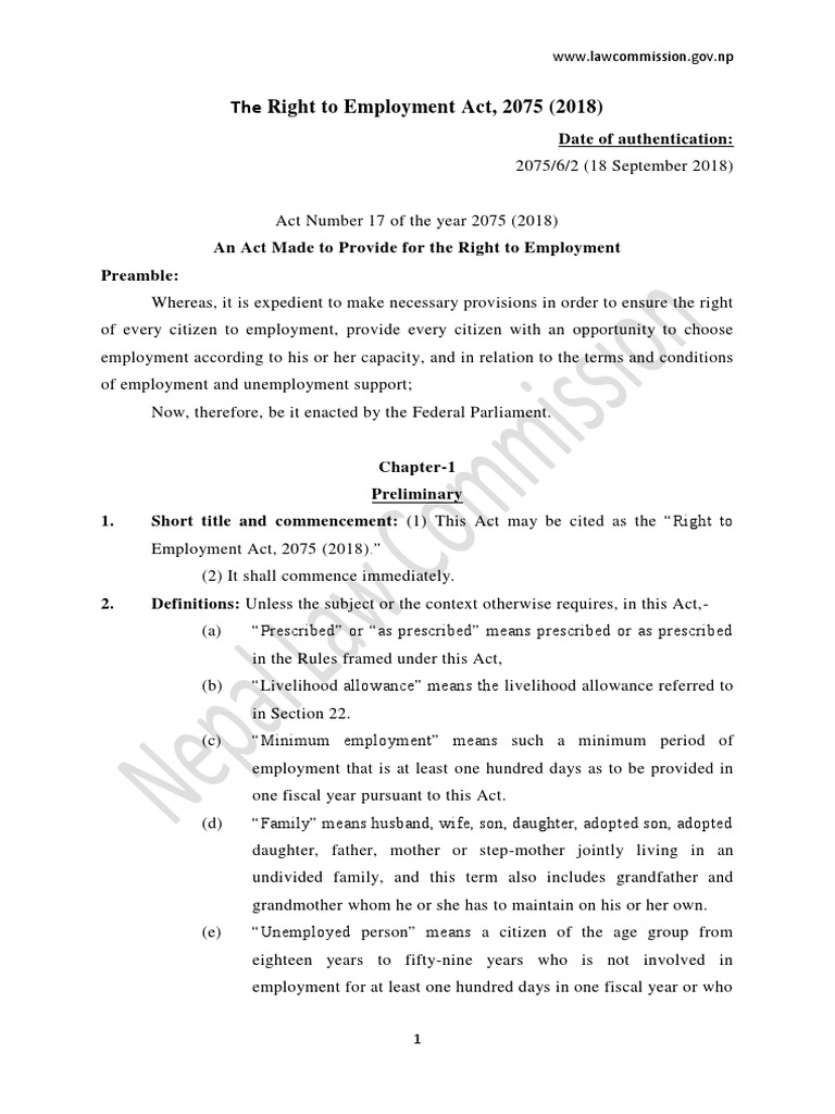 The Right To Employment Act 2075 2018 | PDF | Employment | Unemployment