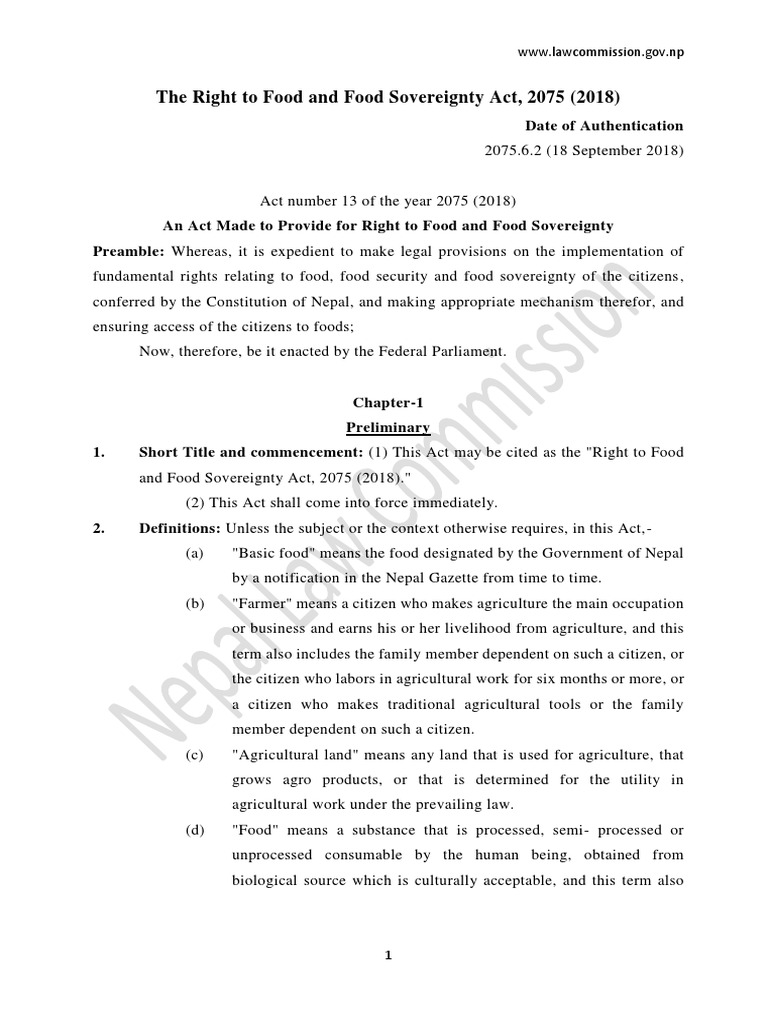 Right to Food and Sovereignty Act 2075 | PDF | Agriculture | Famine