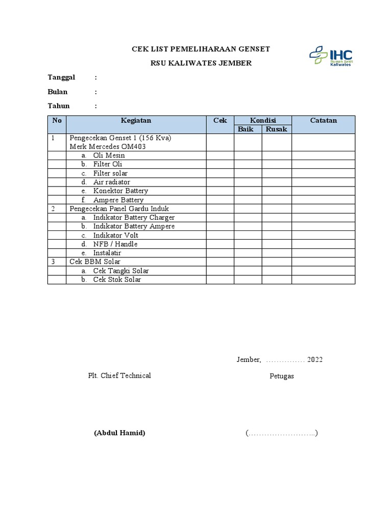 Cek List Pemeliharaan Genset | PDF
