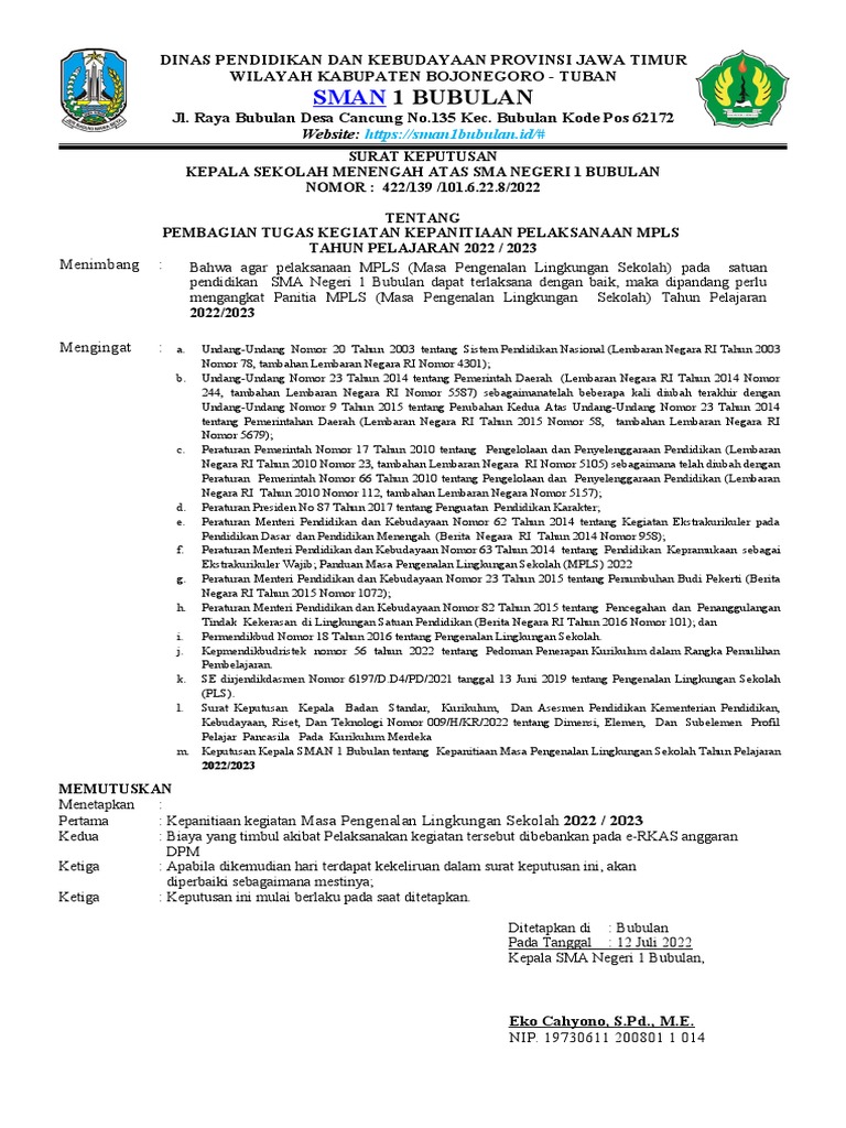 Pembagian Tugas Panitia MPLS SMAN 1 Bubulan Tahun Pelajaran 2022/2023 | PDF