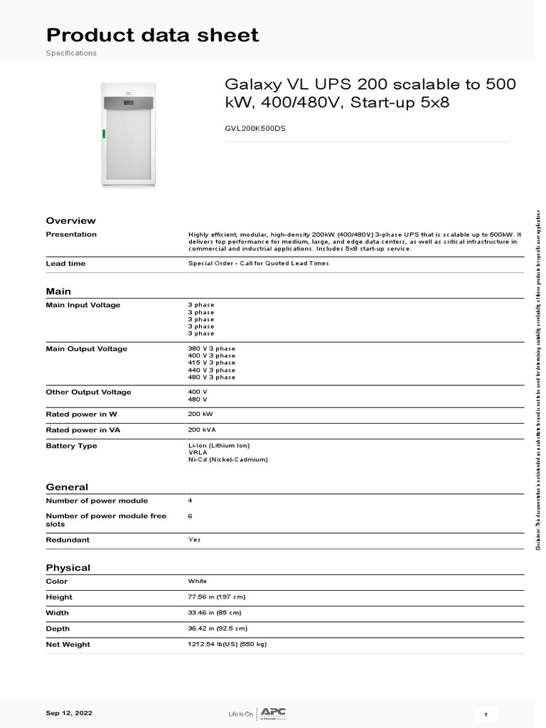 Galaxy VL UPS 200 Specifications Sheet | PDF | Electric Power ...
