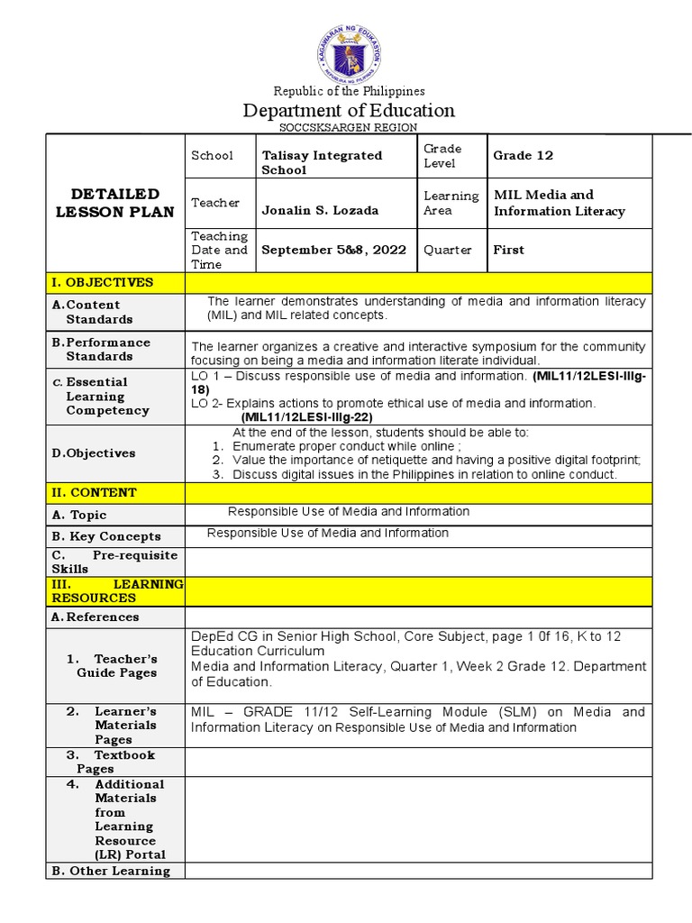 Grade 12 Media Literacy Lesson Plan | PDF | Information Literacy | Literacy