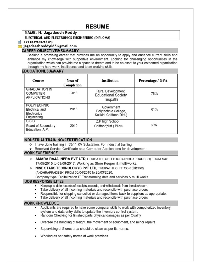 Resume: NAME: N. Jagadeesh Reddy | PDF | Microsoft Excel | Optical ...