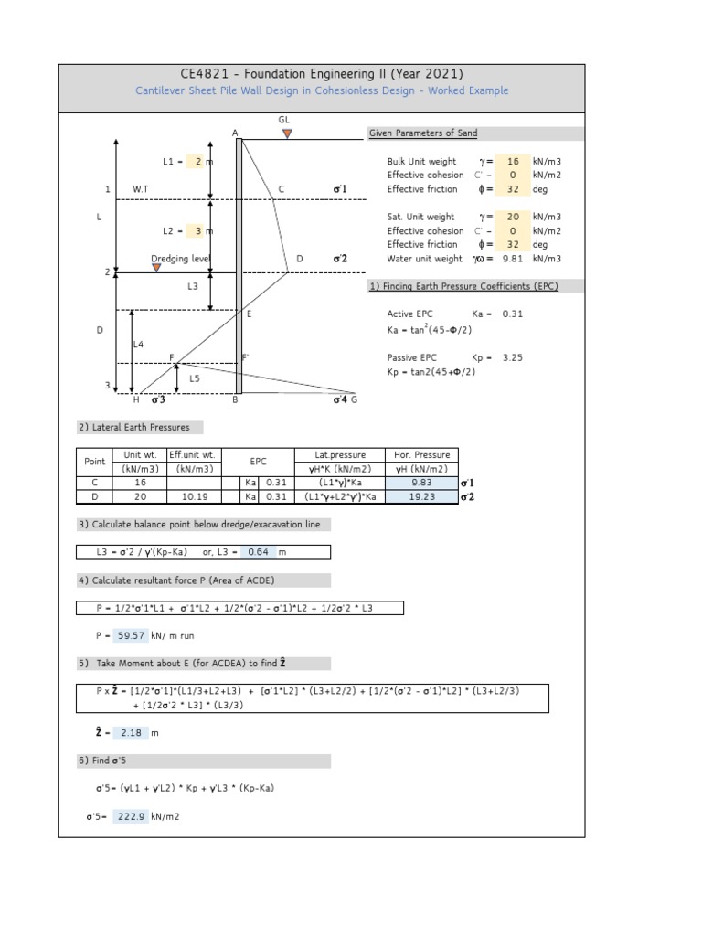 Cantilever Sheet Pile Wall Design Example | PDF | Applied And ...