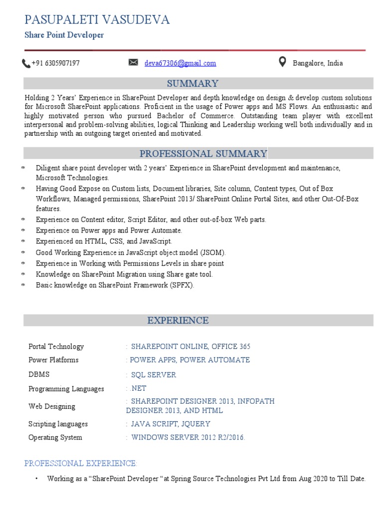 SharePoint Developer Resume: Pasupaleti Vasudeva | PDF | Share Point | Java Script