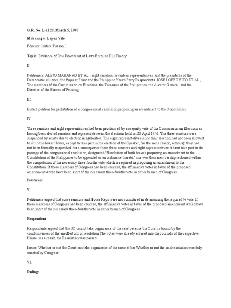 Mabanag v. Lopez Vito, G.R. No. L-1123. March 5, 1947 | PDF | Ratification | American Government