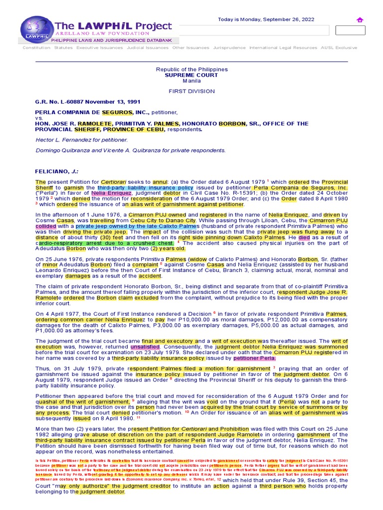 Perla Compania de Seguros vs. Ramolete | PDF | Judgment (Law) | Garnishment