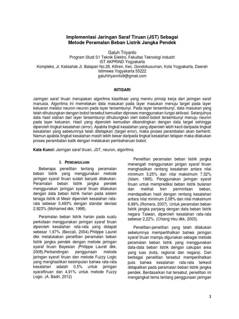 Makalah Tugas 1 GALUH TRIYANTO Implementasi Jaringan Saraf Tiruan (JST) Sebagai Metode Peramalan ...