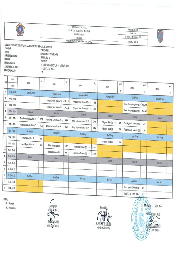 MP1A Jadwal Tentative Kegiatan Semester Ganjil 20222023 | PDF