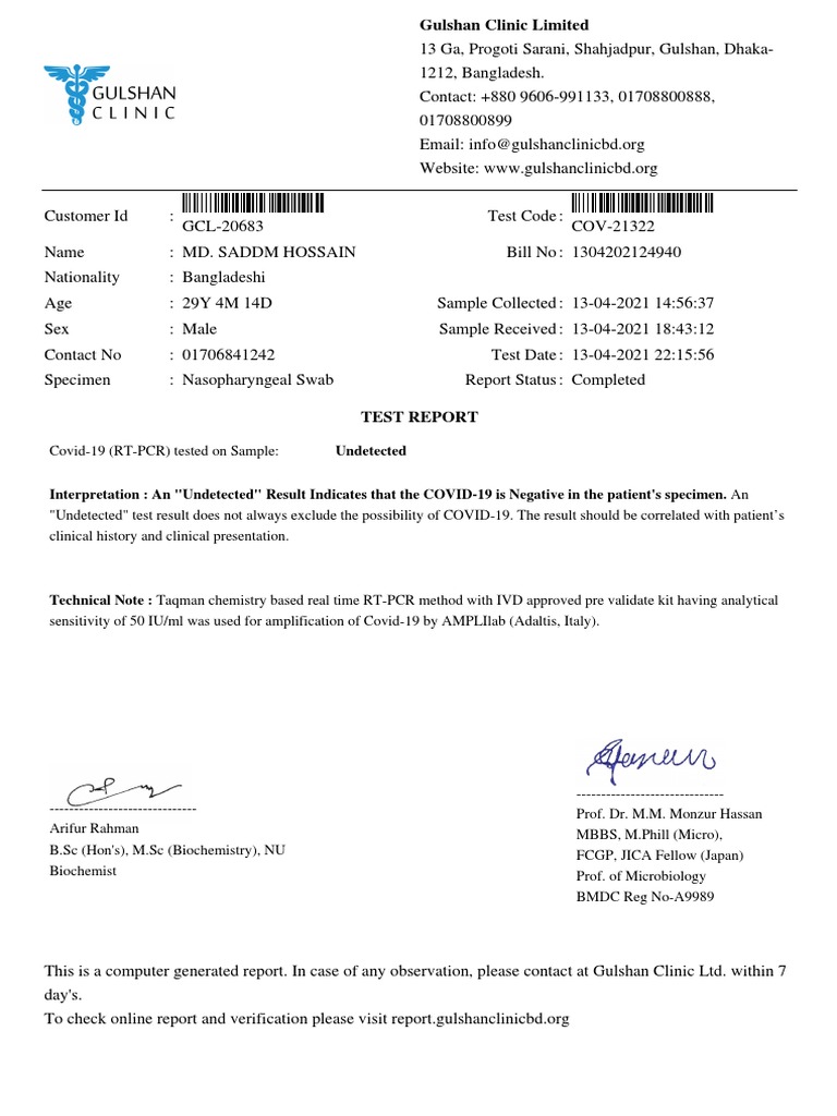 COVID-19 Test Report: Negative Result | PDF | Life Sciences | Medical ...