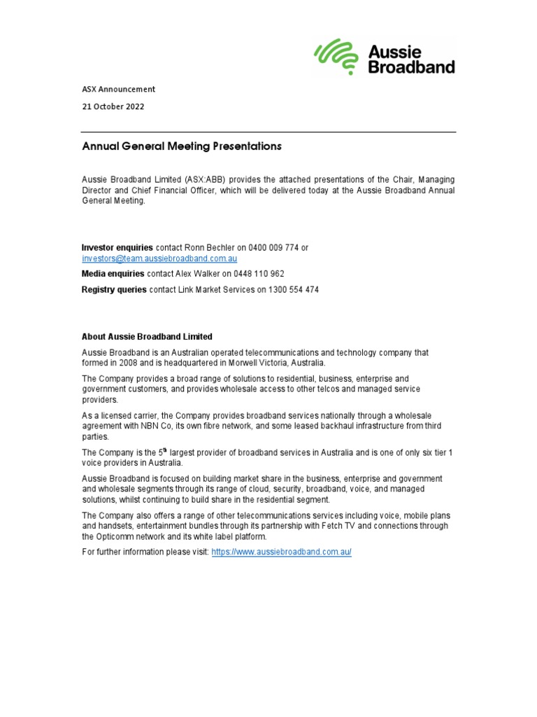 Aussie Broadband Ltd. - AGM Presentations (ABB-AU) | PDF | Debt ...