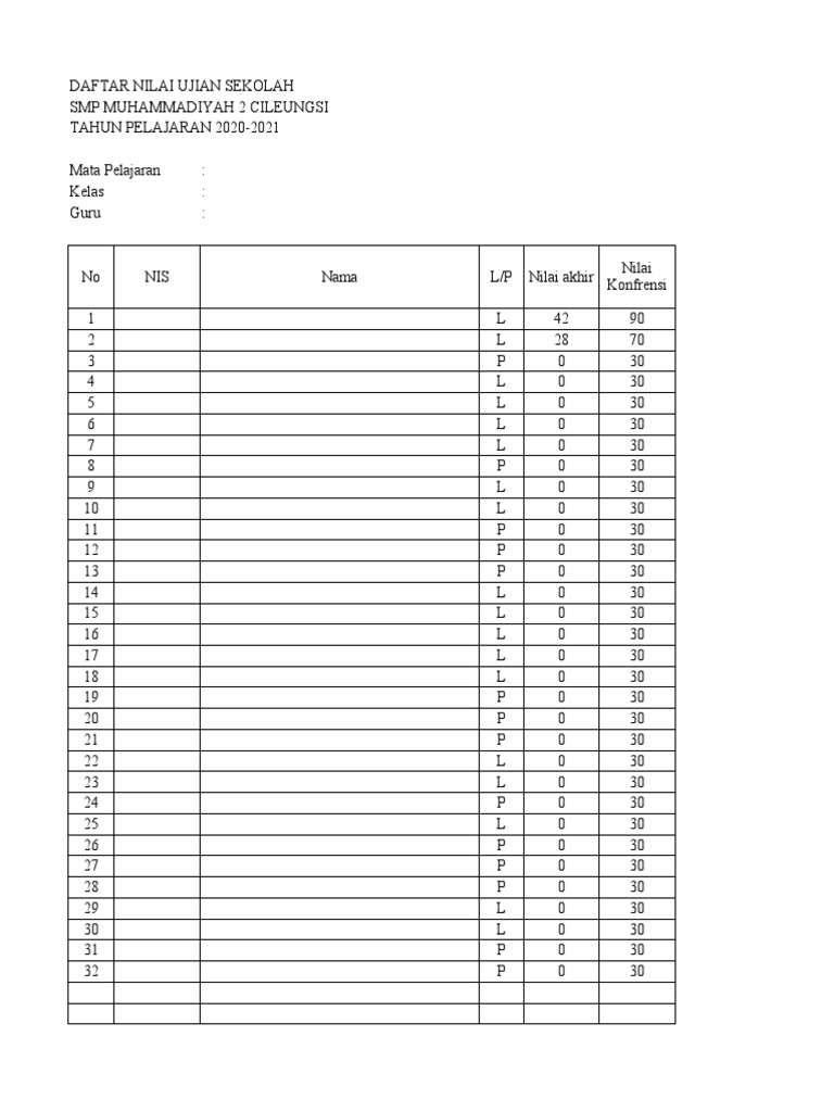 Format Nilai Pts Tahfidz | PDF