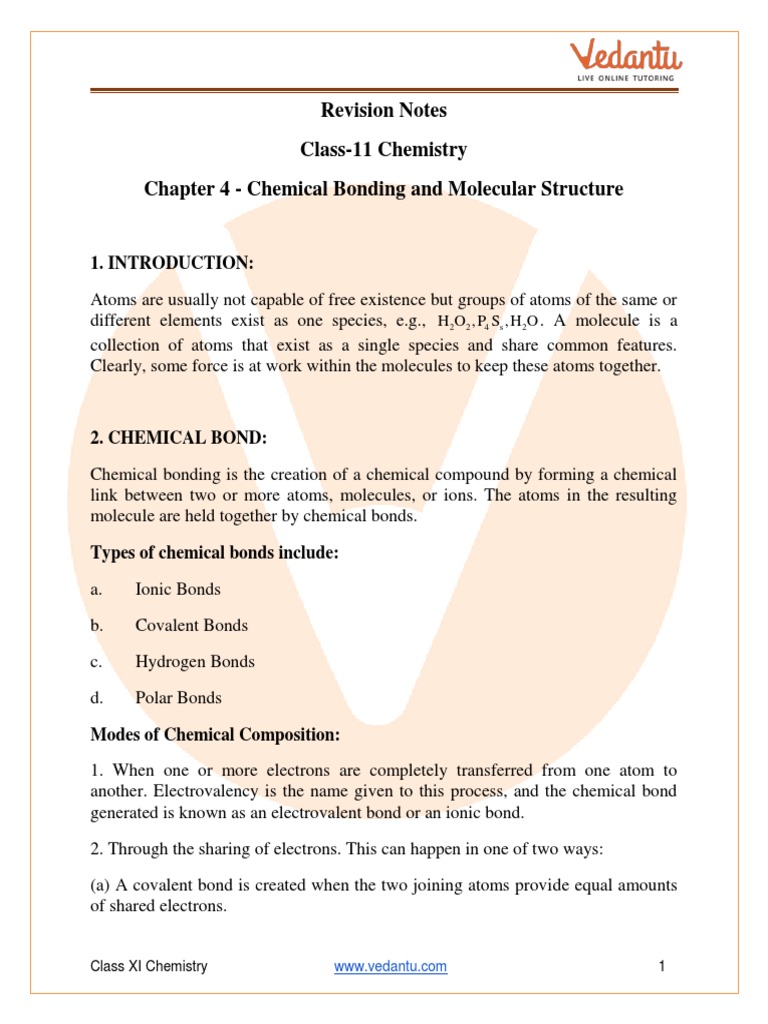 Class 11 Chemistry Revision Notes Chemical Bonding and Molecular ...