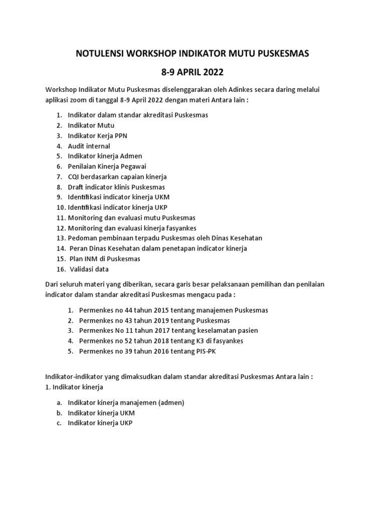 Notulen Workshop Indikator Mutu | PDF