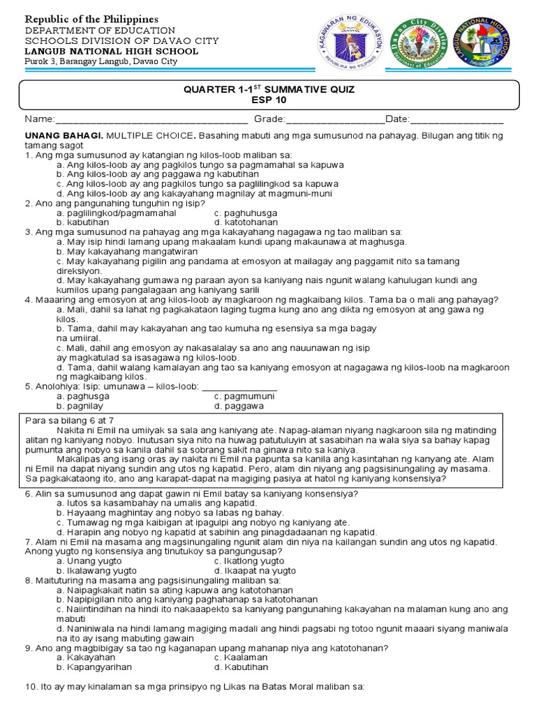 G10 1ST Summative Test | PDF