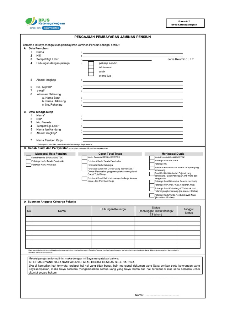 Formulir 7 - Pengajuan Pembayaran Jaminan Pensiun | PDF