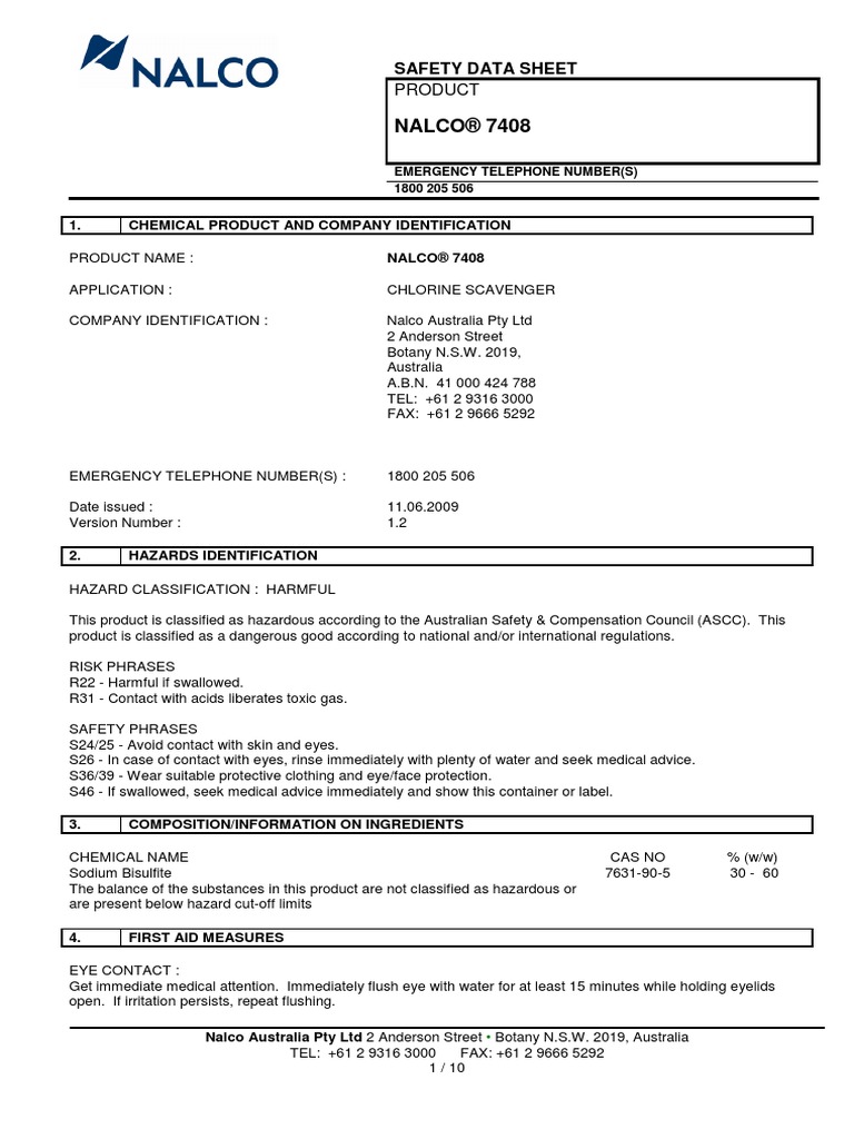 MSDS - Nalco - 7408 - Sodium Bisulpite | PDF | Dangerous Goods | Firefighting