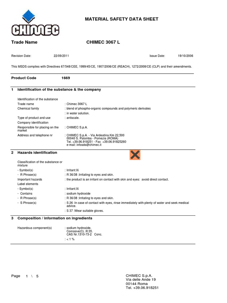 MSDS Chimec 3067 L | PDF | Dangerous Goods | Water