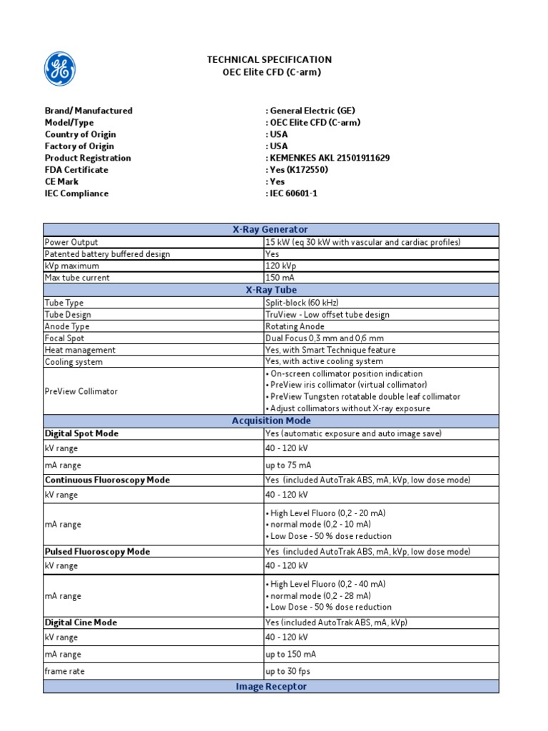Technical Specifications for the OEC Elite CFD Mobile C-Arm System with ...