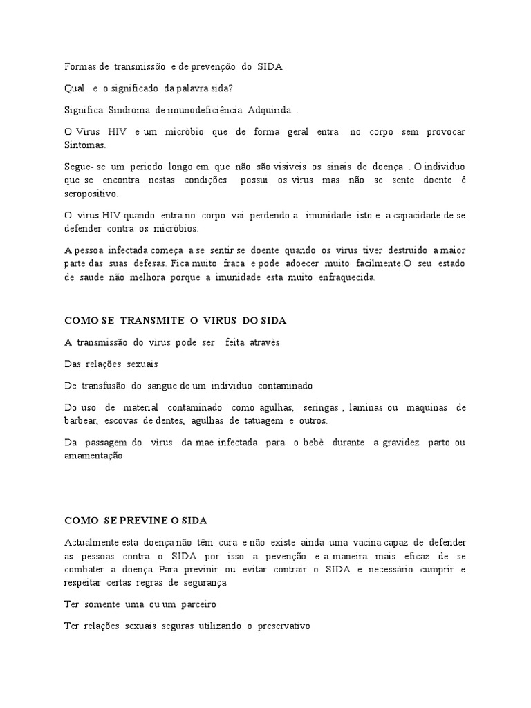 Formas de Transmiss o e de Prevencao Do Sida | PDF | HIV/AIDS | Vírus