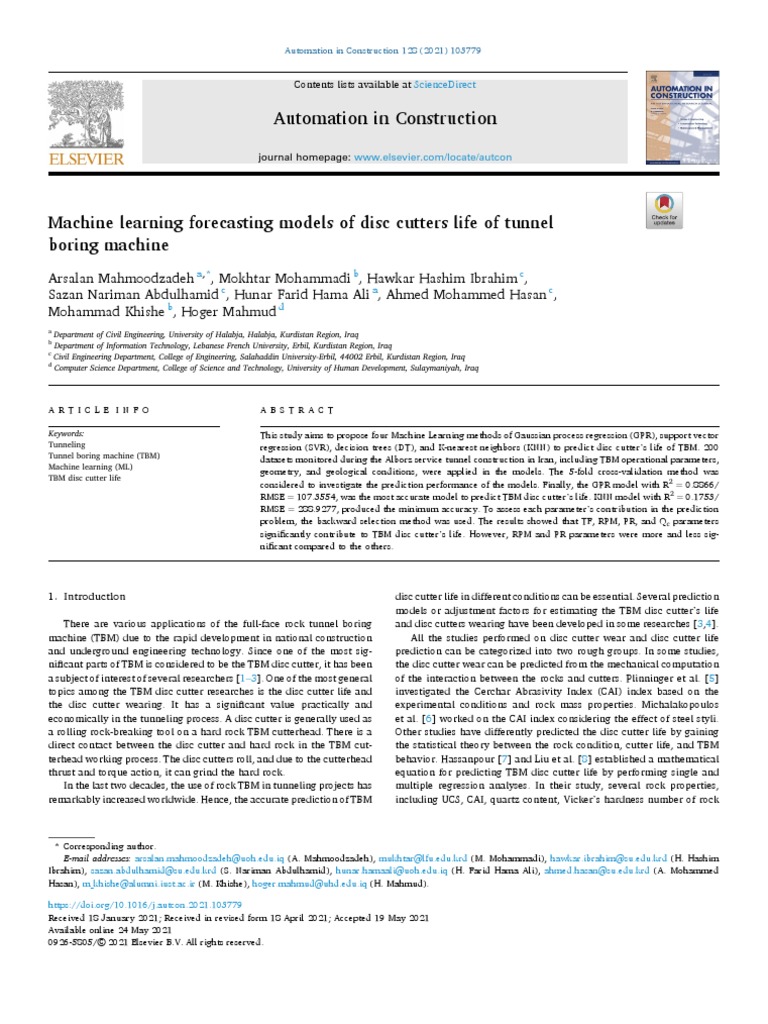 Machine Learning Forecasting Models of Disc Cutters Life of Tunnel ... Machine Learning Forecasting Models of Disc Cutters Life of Tunnel ...