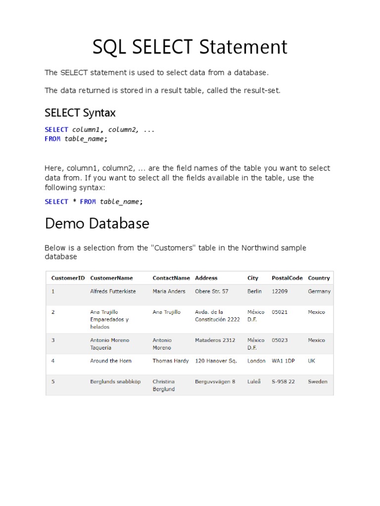 Sql Select Pdf Table Database Information Retrieval