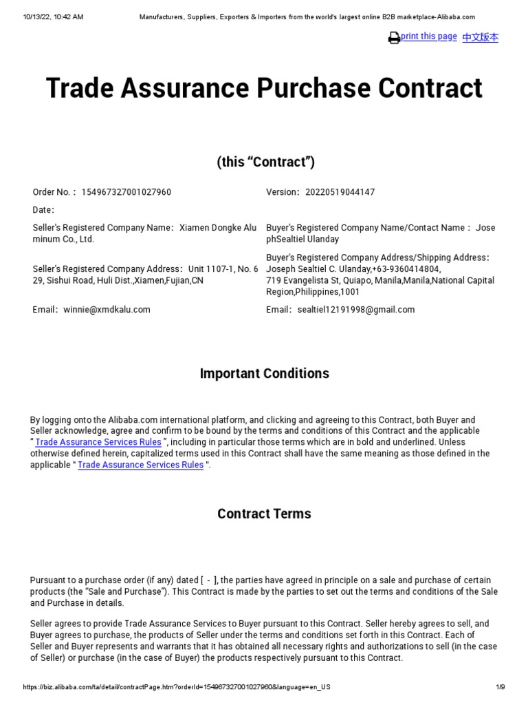 Trade Assurance Purchase Contract | PDF | Taxes | Tax Deduction
