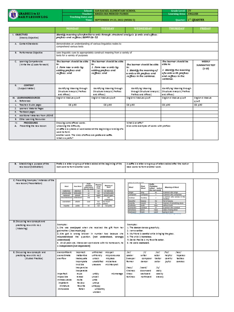 DLL - English 4 - Q1 - W5 | PDF | Word | Learning