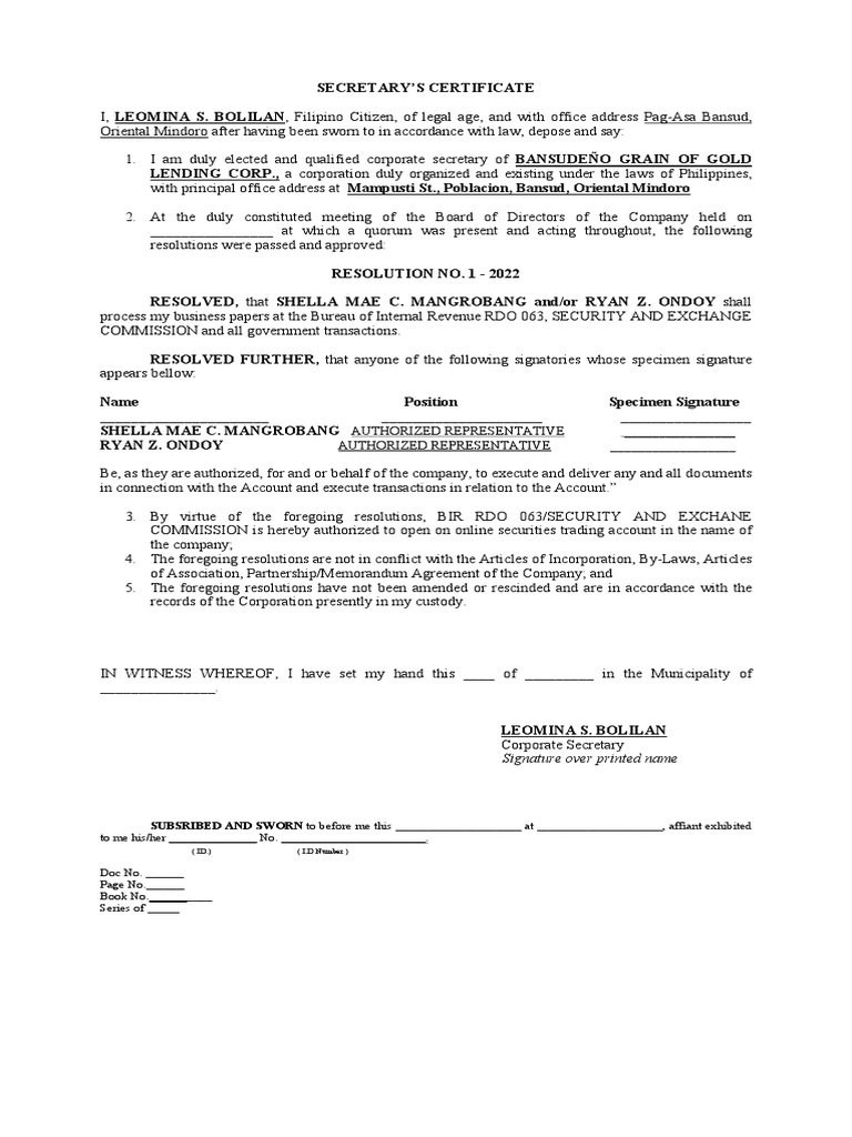 Secretary Certificate For BIR and SEC BANSUDENO | PDF | Government ... Secretary Certificate For BIR and SEC BANSUDENO | PDF | Government ...