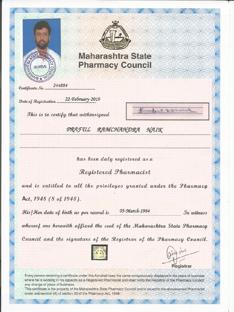 Praful Naik Maharashtra State Pharmacy Council Registration Certifcate ...