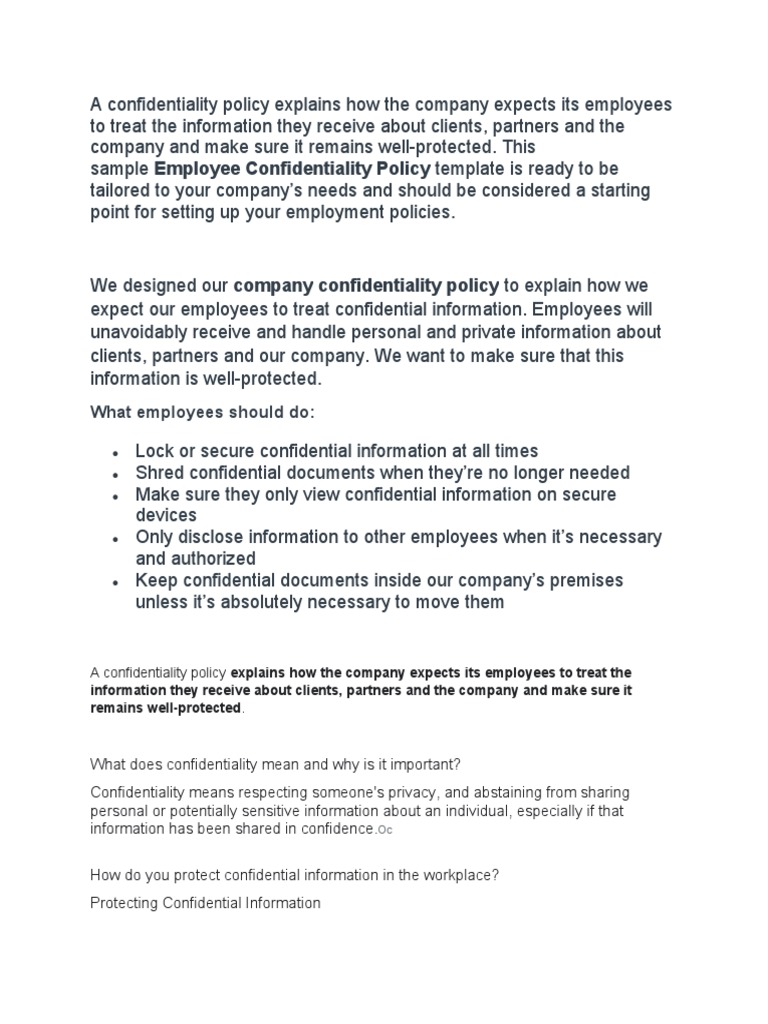 A Confidentiality Policy Explains How The Company Expects Its Employees ...