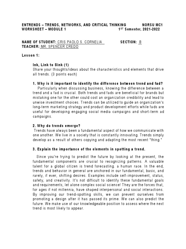 Worksheet 1 - Trends and Fads | PDF | Social Media | Popular Culture ...