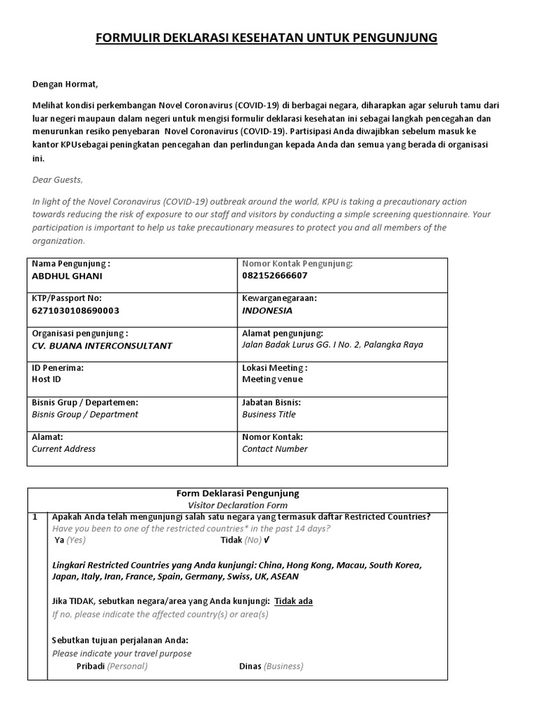 Form Deklarasi Kesehatan COVID-19 | PDF