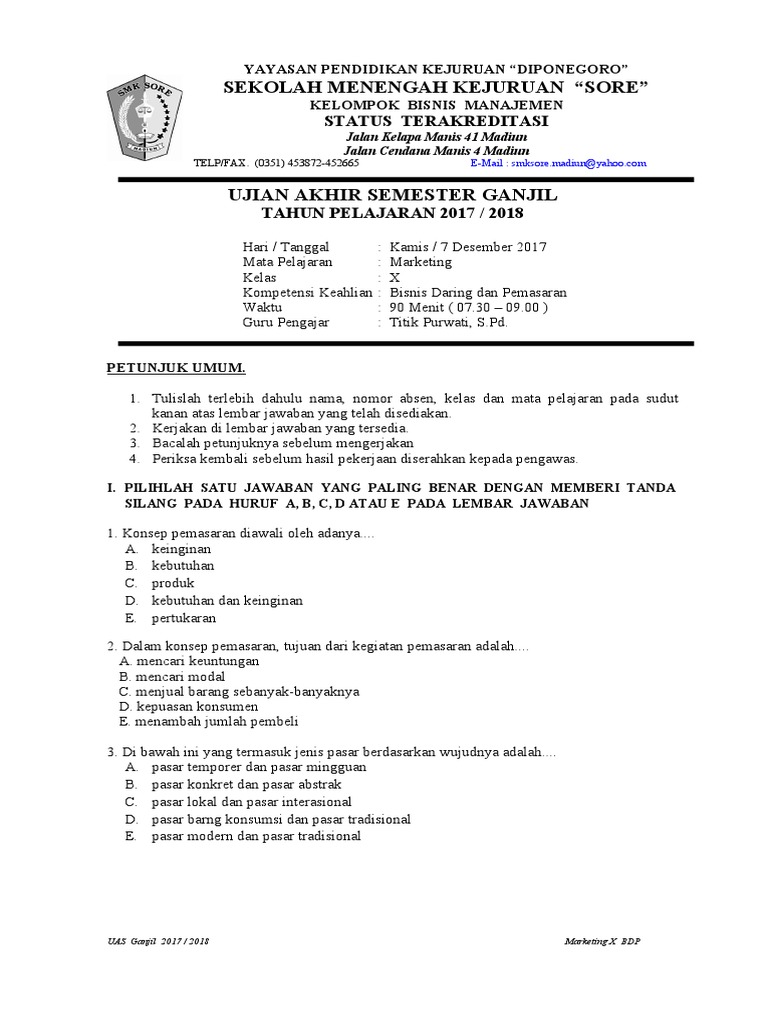 UAS Ganjil 2017: Marketing X BDP | PDF