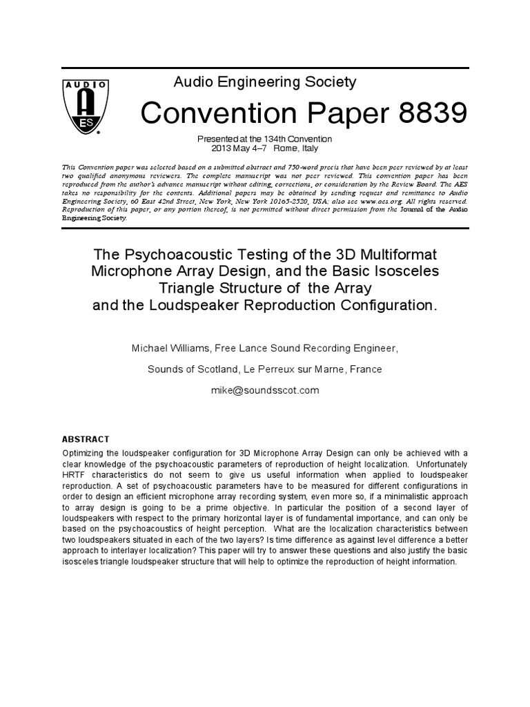Psychoacoustic Testing of 3D Microphone Array | PDF | Microphone ...