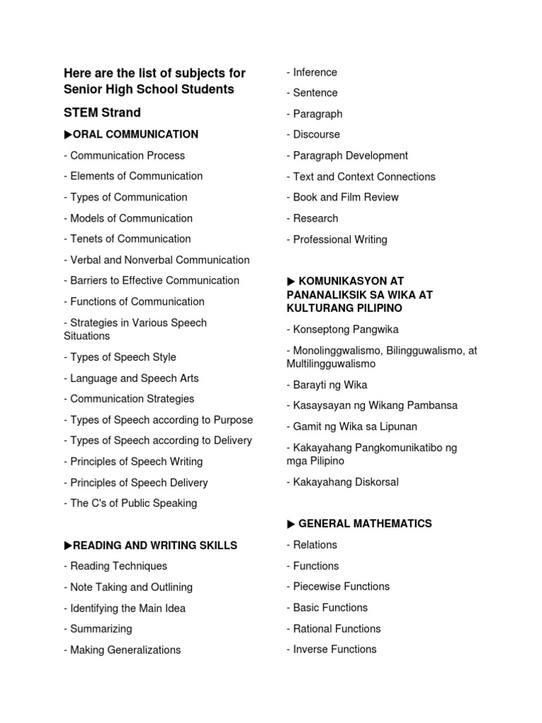 Senior High School STEM Strand Subjects and Descriptions | PDF | Social ...