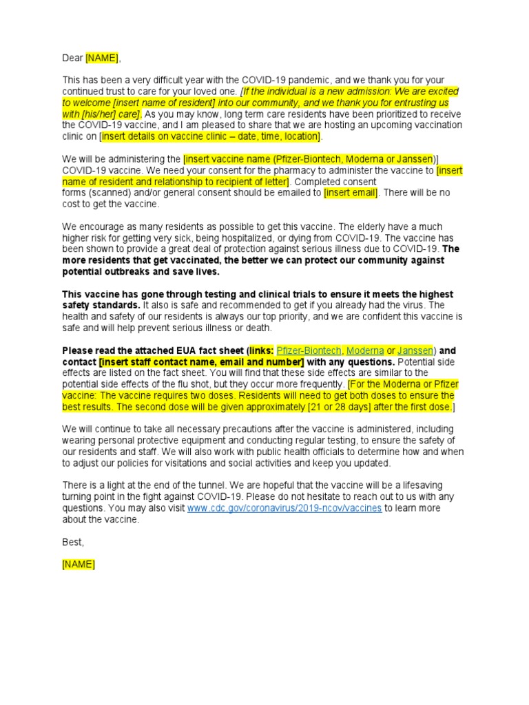 COVID-19 Vaccine Template Letter For Consent - Family | PDF | Medicine ...