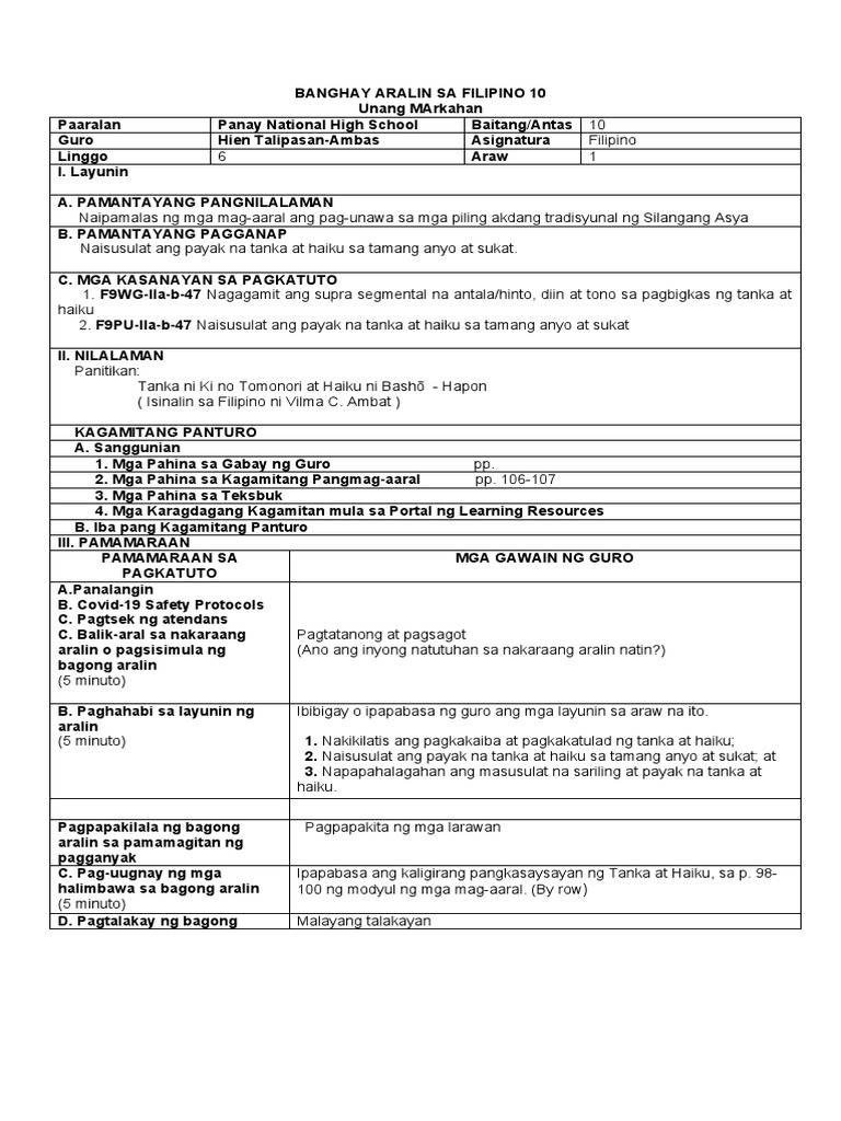 Banghay Aralin Sa Filipino 11 | PDF