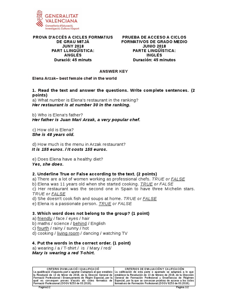 ACFGM ANGLÉS ModelA Solucionari | PDF | Food And Drink | Cuisine