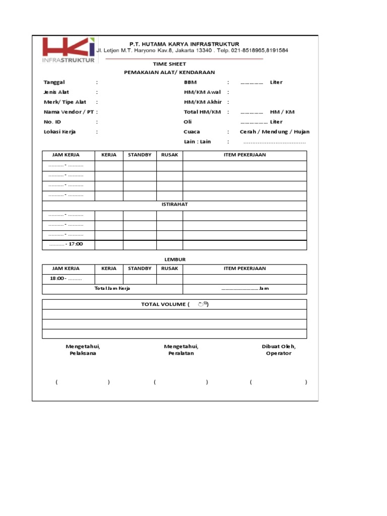 Contoh Time Sheet Alat Berat Harian | PDF